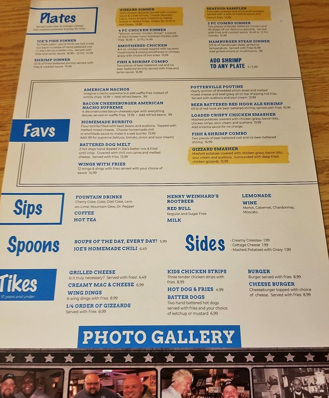 The menu at Joe's reads like a love letter to comfort food, featuring their legendary gizzards alongside hearty American classics.