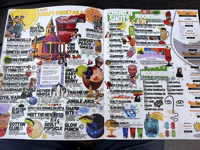 The holy scripture of Beer Church – a colorful menu featuring cleverly named concoctions like "Jesus Juice" and "Isn't It Pretty To Think So."
