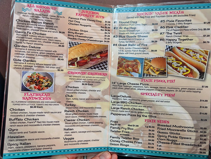 The menu reads like a rock 'n' roll tribute album with "Jukebox Hits" and "Rockin' Value Meals" tempting hungry diners.