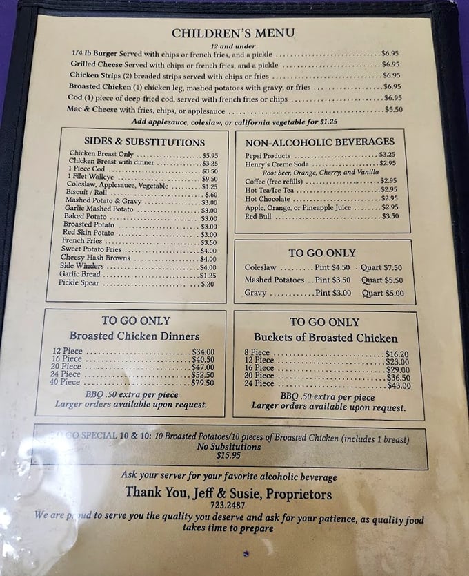 The children's menu reveals the heart of this establishment, straightforward comfort food with no pretension, just the promise of a satisfying meal for the whole family.