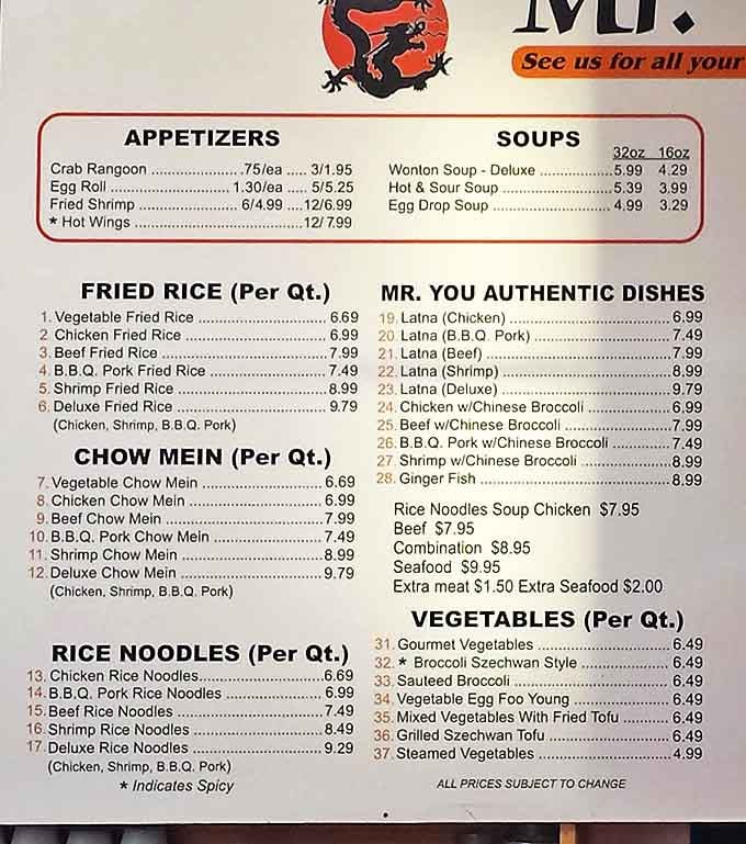 A menu that reads like a greatest hits album of Chinese-American classics. No fancy descriptions needed when the food speaks volumes with every bite.