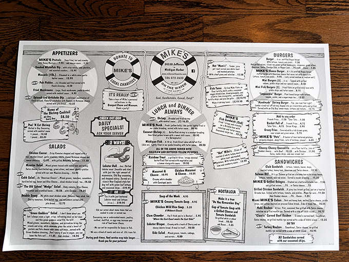 Mike's menu reads like a love letter to comfort food, with nautical-themed illustrations that hint at the treasures to come.