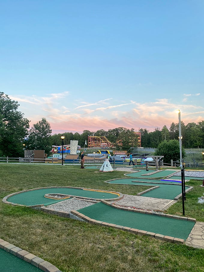 Mini-golf that doesn't require a PhD in physics &ndash; just classic windmills and loops that challenge without frustrating. Sunset games take on magical qualities.
