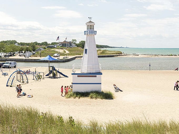 New Buffalo's charming lighthouse stands guard at the beach, a perfect backdrop for those "I'm having a better vacation than you" photos.