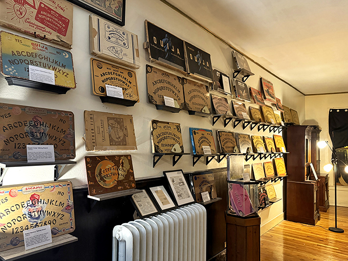 The wall of Ouija boards spans decades of spiritual communication attempts &ndash; or clever parlor tricks, depending on your perspective.
