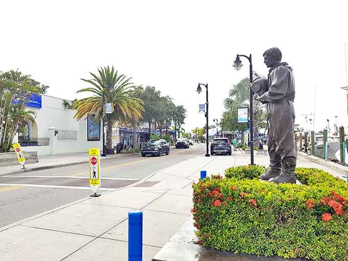 A bronze fisherman stands sentinel in the town square, commemorating the Greek divers who built this unique Florida community.