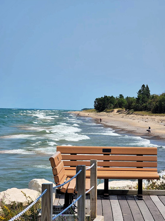 A wooden bench invites contemplation along the shoreline &ndash; the perfect front-row seat to Lake Superior's ever-changing moods.