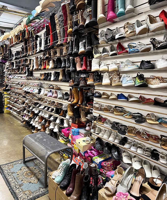 If Imelda Marcos designed heaven, it might look like this. Boots, sneakers, and everything in between line this footwear wonderland.