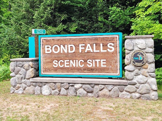 The welcoming entrance to Bond Falls Scenic Site, where nature puts on a show that makes Broadway productions seem underwhelming by comparison.