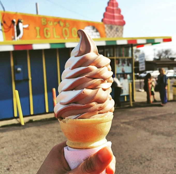 The perfect twist cone, where vanilla and chocolate dance together in a spiral of soft-serve perfection.