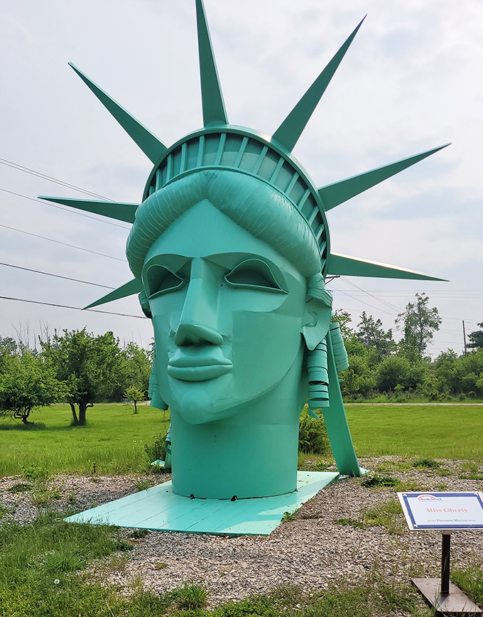 Lady Liberty takes a vacation in Michigan, trading her full-body New York digs for this equally impressive mint-green head-only version.