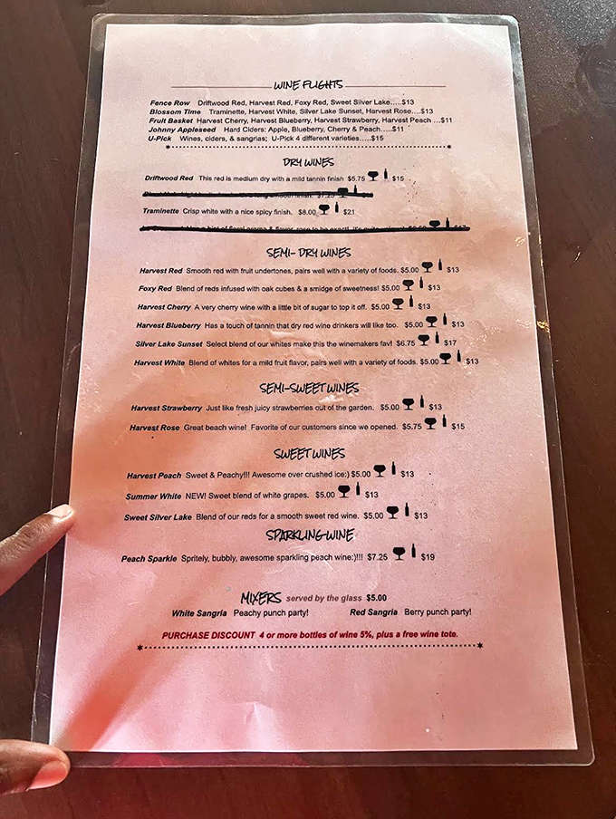 The wine menu reads like a love letter to Michigan's bounty, from dry reds to sweet fruit wines that capture summer in a glass.