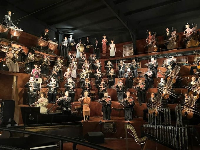 The mechanical orchestra room features dozens of automated musicians, frozen in eternal performance for wide-eyed visitors.