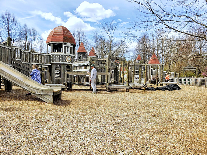 Timber Town playground invites imaginations to run wild with wooden towers and bridges that make childhood adventures come alive.