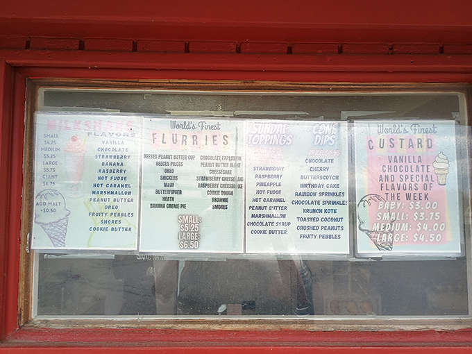 The menu board reads like a dessert lover's dream journal &ndash; flurries, sundaes, and toppings that make choosing just one a delicious dilemma.