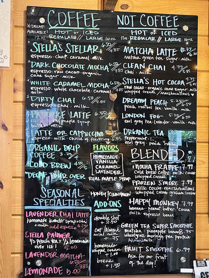 The menu board reveals creative concoctions like Stella's Stellar and Dirty Chai alongside classics, all crafted with organic beans and genuine care.