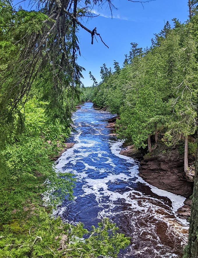 The Black River carves its ancient path between towering pines, a blue ribbon threading through Michigan's verdant wilderness.