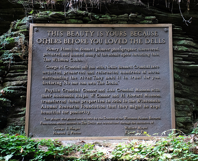History etched in bronze &ndash; this plaque honors the conservation heroes who saved the Dells. Their foresight preserved this natural wonder for generations of wide-eyed visitors.