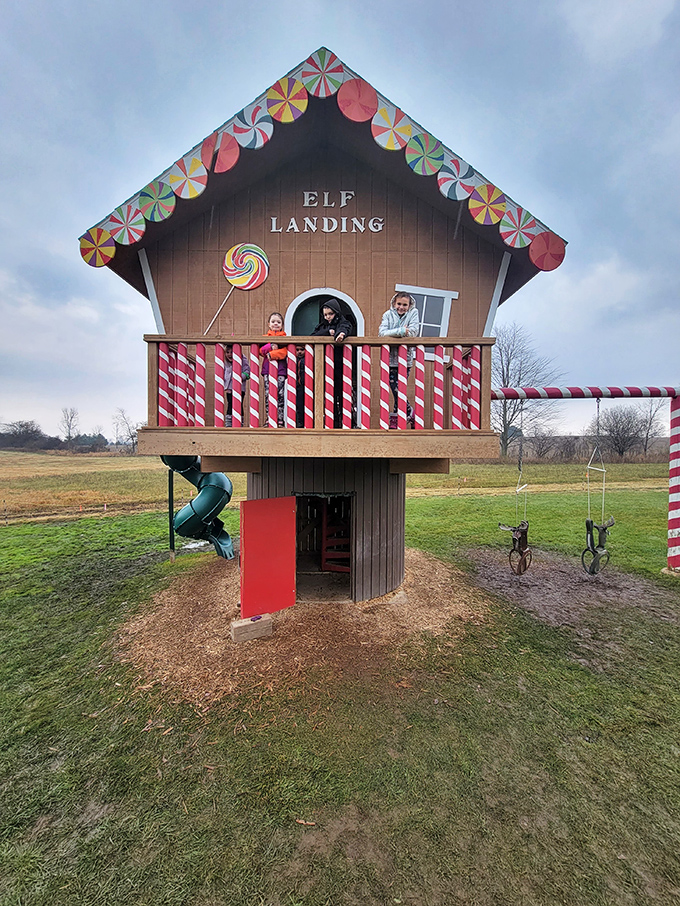 The whimsical "Elf Landing" playhouse brings North Pole magic to Michigan, complete with candy-striped railings and a slide for quick toy delivery.