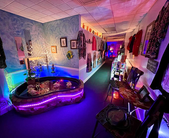 The hallway serves as a magical portal between worlds, with ambient lighting guiding visitors deeper into Evolve's healing sanctuary.