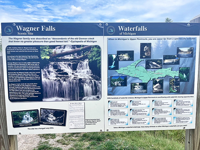 The informative sign reveals Wagner Falls' rich history and Michigan's waterfall abundance &ndash; each with its own unique personality.