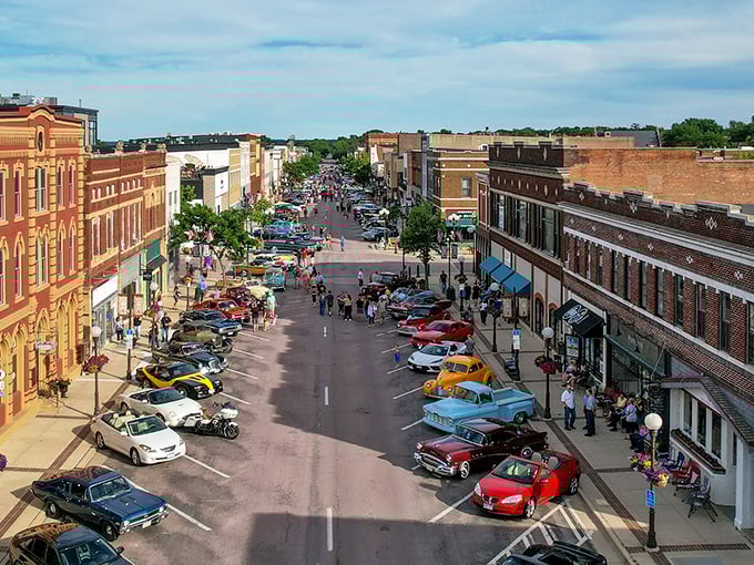 Main Street comes alive during car shows, when vintage automobiles transform the thoroughfare into a rolling museum of American automotive history.