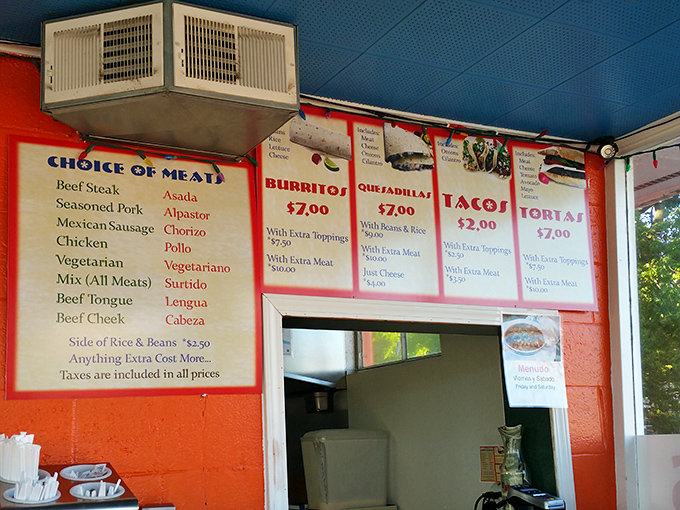 The menu board tells you everything you need to know &ndash; authentic options without pretense, just pure Mexican street food joy.