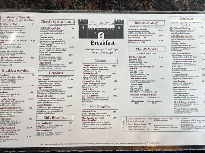 The menu reads like a breakfast lover's dream journal, with the legendary cinnamon roll French toast taking center stage.