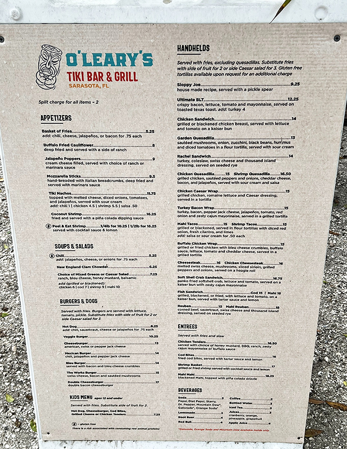 The menu at O'Leary's reads like a love letter to beach bar classics. Decision paralysis has never been so delicious.