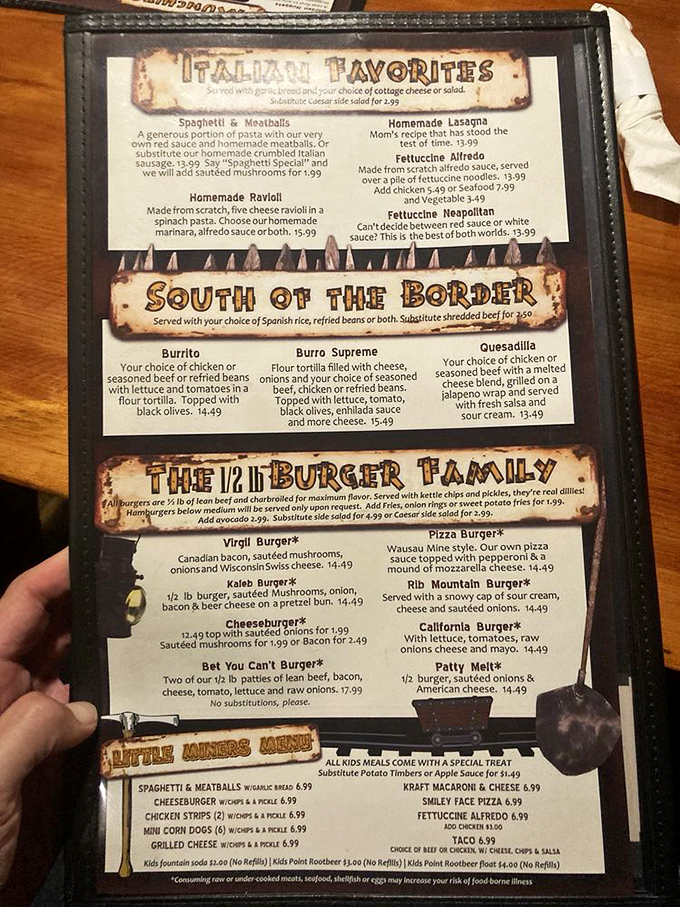 The menu offers everything from Italian classics to Mexican favorites &ndash; culinary exploration worthy of any adventurous miner.