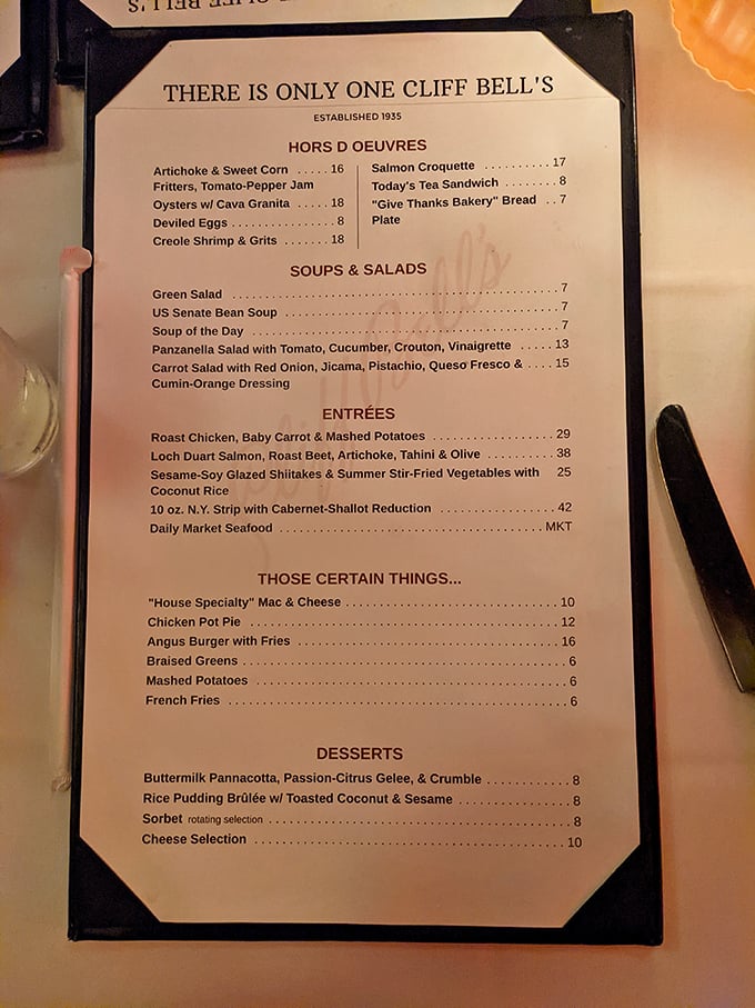 "There is only ONE Cliff Bell's" proclaims the menu, offering classics like Senate Bean Soup alongside deviled eggs that would make grandma jealous.