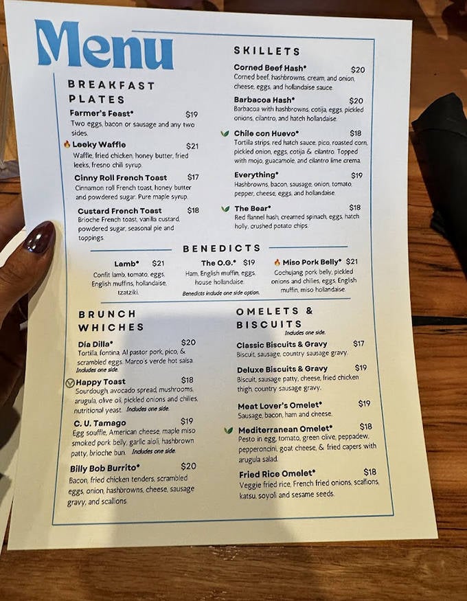 The menu reads like a love letter to breakfast&mdash;each dish more tempting than the last, making decisions nearly impossible.