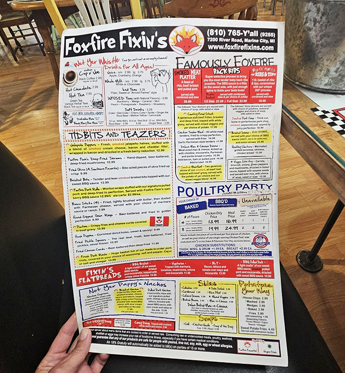 This isn't just a menu &ndash; it's a roadmap to happiness. The "Famously Foxfire" section alone could make a vegetarian reconsider life choices.