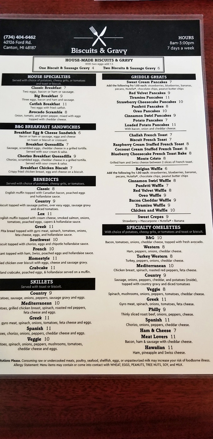 The menu at Biscuits & Gravy reads like breakfast poetry – each dish a verse in the epic saga of morning deliciousness.