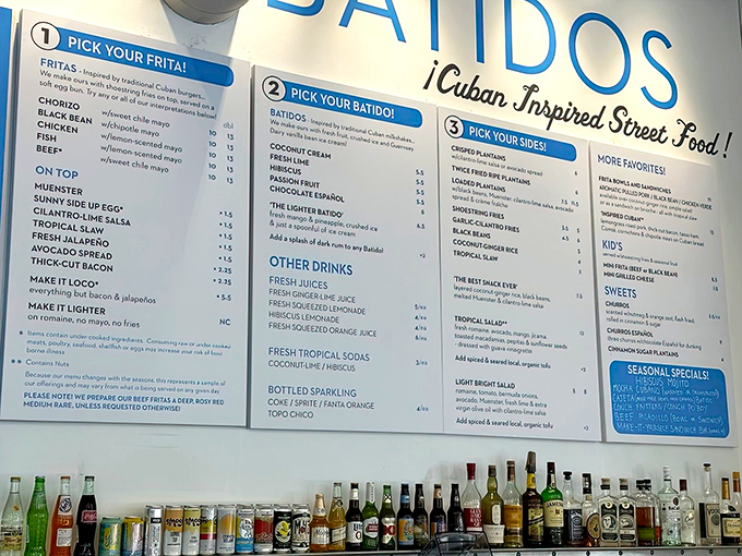 Decision time! The menu board presents life's most important questions: chorizo or black bean? Coconut batido or chocolate? Why not try them all?
