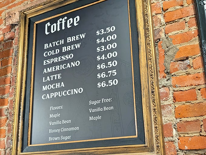 The elegantly framed menu offers everything from classic brews to signature concoctions, with comforting flavor options for every palate.