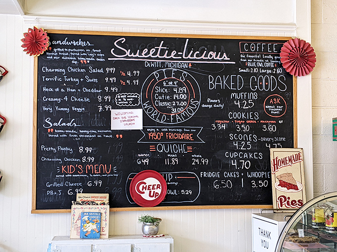 That chalkboard menu isn't just informative&mdash;it's a roadmap to deliciousness with "PIES WORLD-FAMOUS" proudly circled like the star attraction it is.