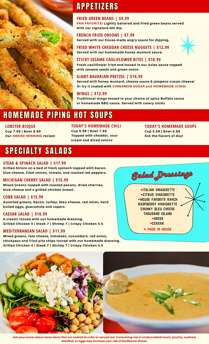 The menu reads like a love letter to comfort food &ndash; from fried green beans with dill dip to Michigan cherry salads that celebrate local bounty.