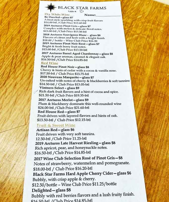 The menu reads like a love letter to Michigan wine country, with each description promising flavor journeys from crisp Rieslings to robust Pinot Noirs.