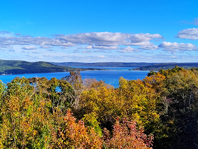 The reward for your hiking efforts &ndash; a panoramic vista where Lake Michigan stretches endlessly, shifting between shades of blue like a mood ring.