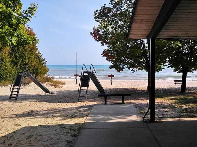 Childhood memories in the making &ndash; vintage playground equipment sits just steps from Lake Huron's refreshing waters.