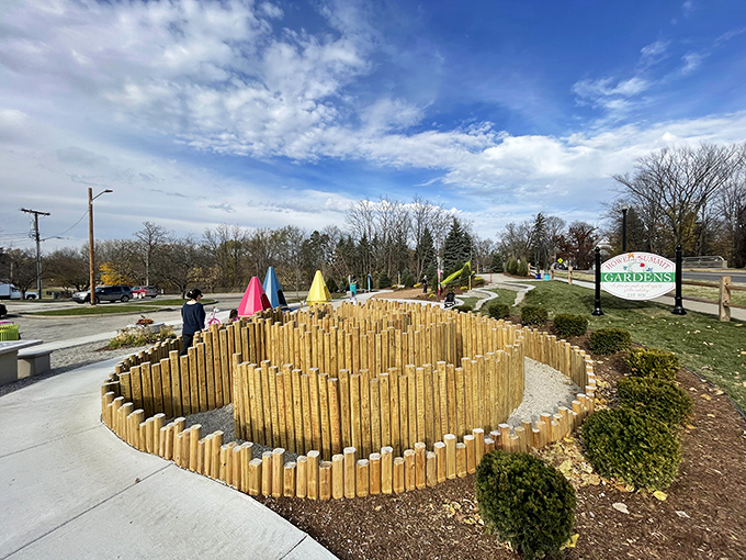 The wooden post labyrinth invites wanderers to lose themselves in a forest of timber, where getting lost is half the fun.