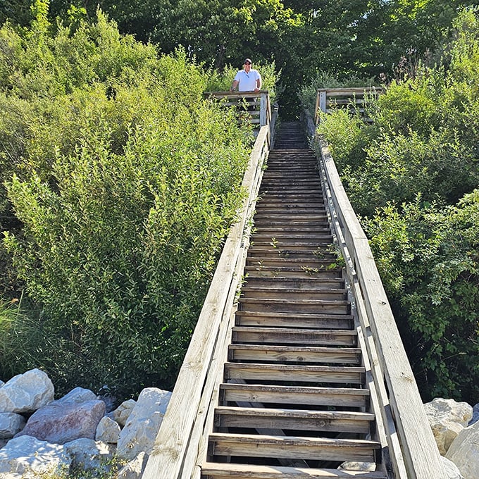 The wooden staircase to beach bliss &ndash; each step down drops your stress level by approximately 10%.