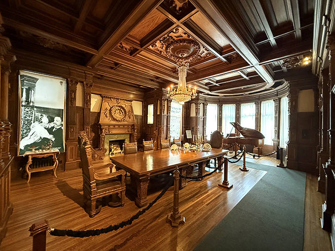 The dining room awaits phantom guests, its polished table reflecting chandelier light that dances across carved woodwork worthy of a Swedish king's palace.