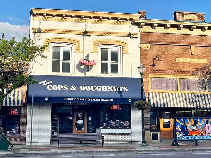 Cops & Doughnuts in Clare occupies a historic bakery building that dates back to 1896. The police-owned shop's blue awning has become a beacon for hungry travelers.