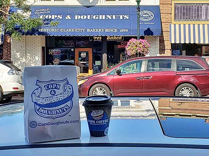 Fresh coffee and a bag of handmade treats from Cops & Doughnuts &ndash; the perfect road trip fuel! Their playful branding embraces the classic cops-love-doughnuts stereotype.