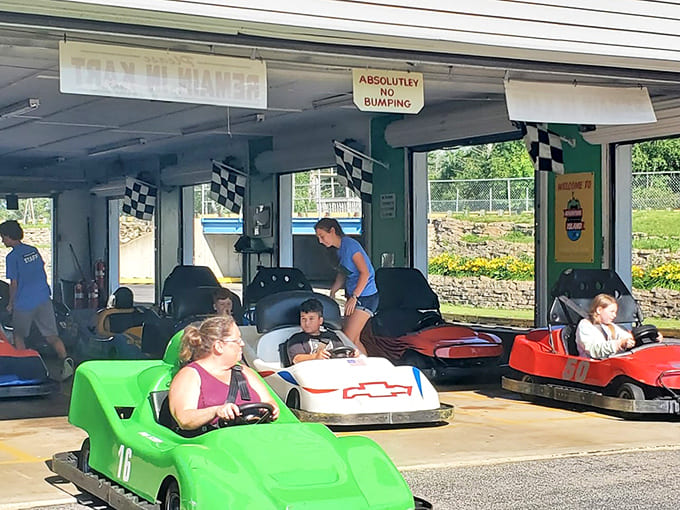 Go-karts zip around the track where family members settle disputes about driving skills in the most entertaining way possible.