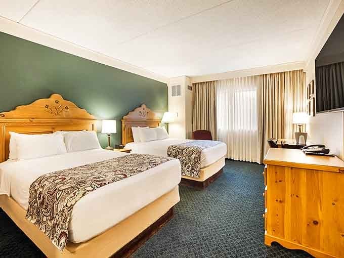 Cozy accommodations blend Old World charm with modern comforts &ndash; traditional wooden furniture and quilted bedspreads create a home-away-from-home feeling.