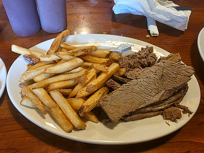Brisket that would make a Texan weep with joy, tender enough to cut with a fork but with perfect structural integrity.