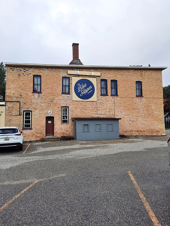 The Blue Slipper Tavern's historic brick exterior hints at the comfort food paradise waiting inside.